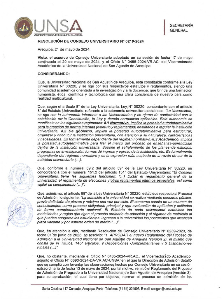 RCU #0219 2024 - Exp. 1015569 2024 Reglamento Del Proceso de Admision de Pregrado A La UNSA ...