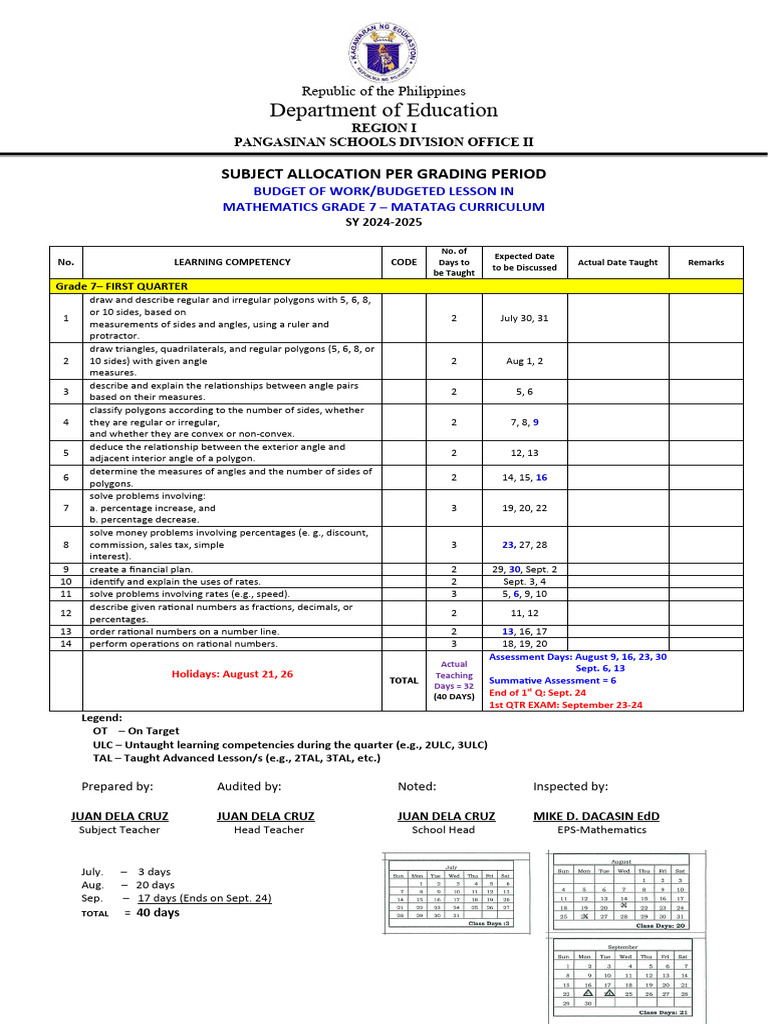 BOW - Budgeted Lesson - G7 Math - SY 2024 2025 - 1st QTR | PDF | Polygon
