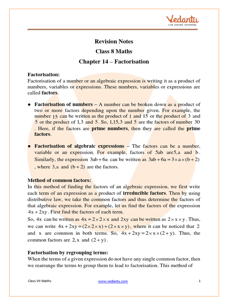 Class 8 Factorisation Revision Notes | PDF | Factorization | Polynomial