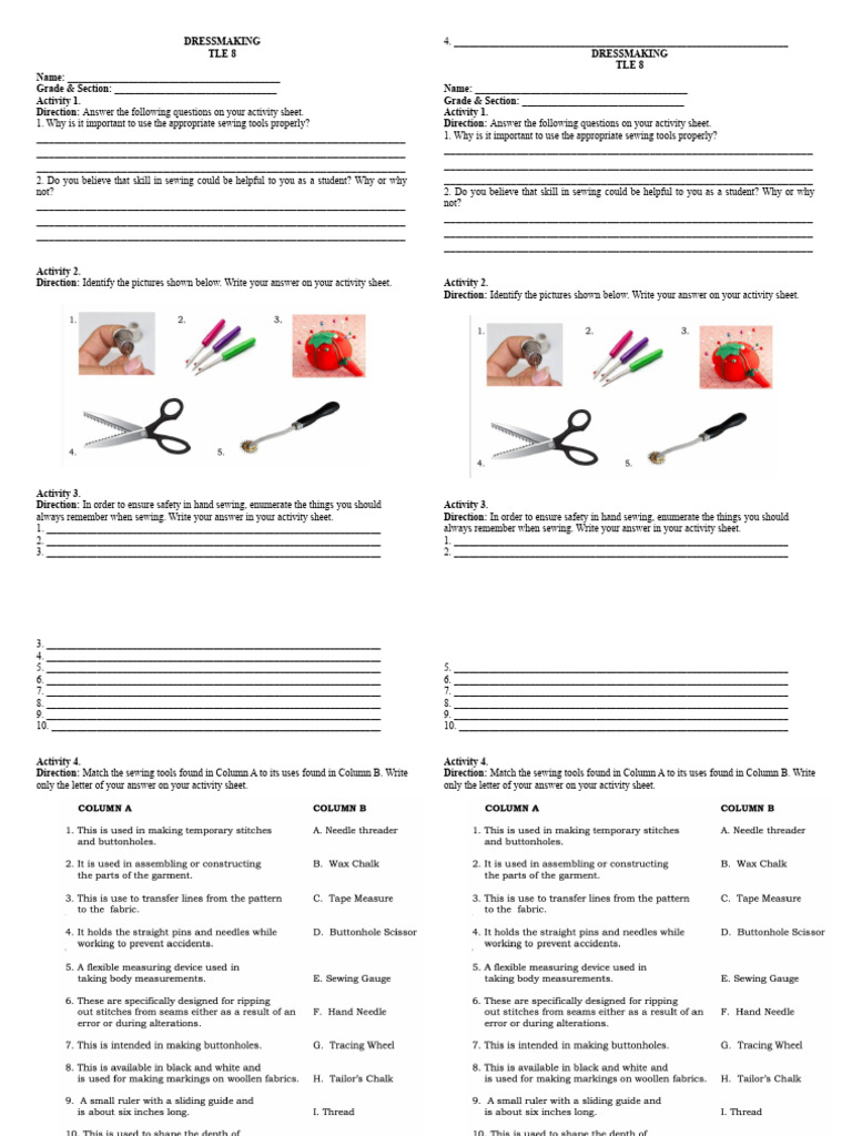 Week 1 - Activity Sheet - Dressmaking | PDF
