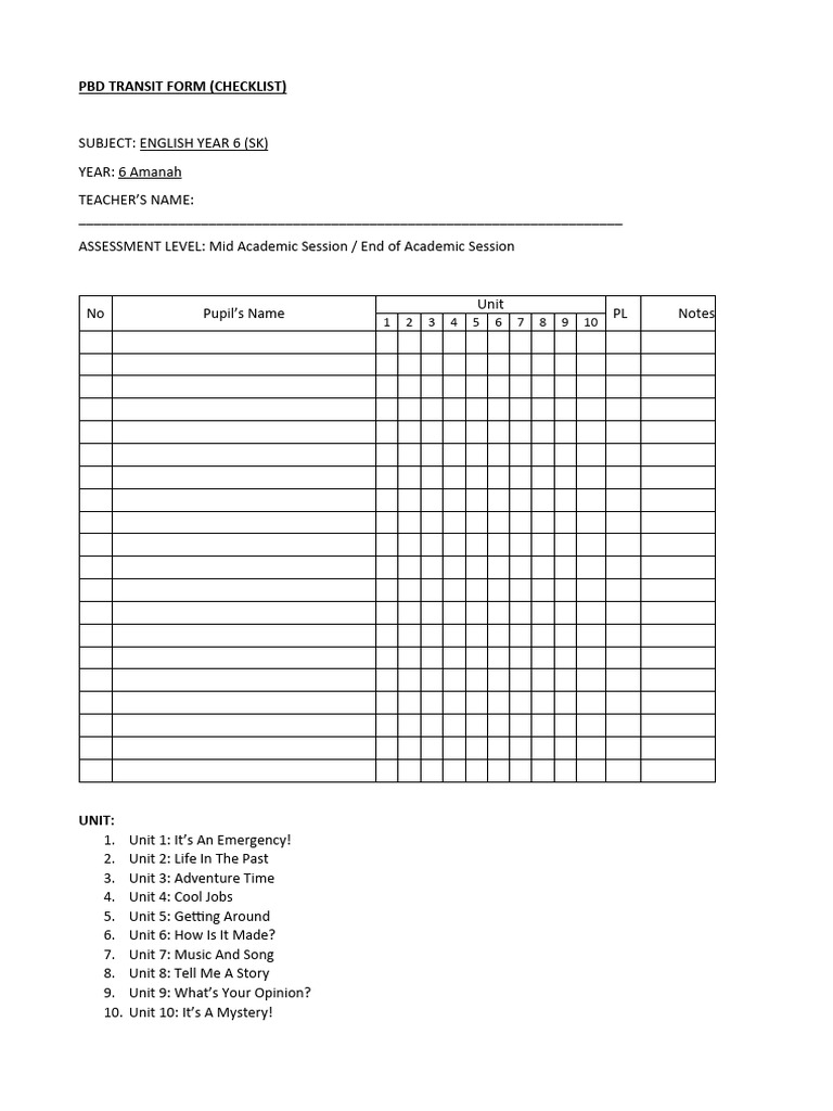 PBD TRANSIT FORM - ENG YEAR 6 (Checklist) | PDF | Learning | Cognition