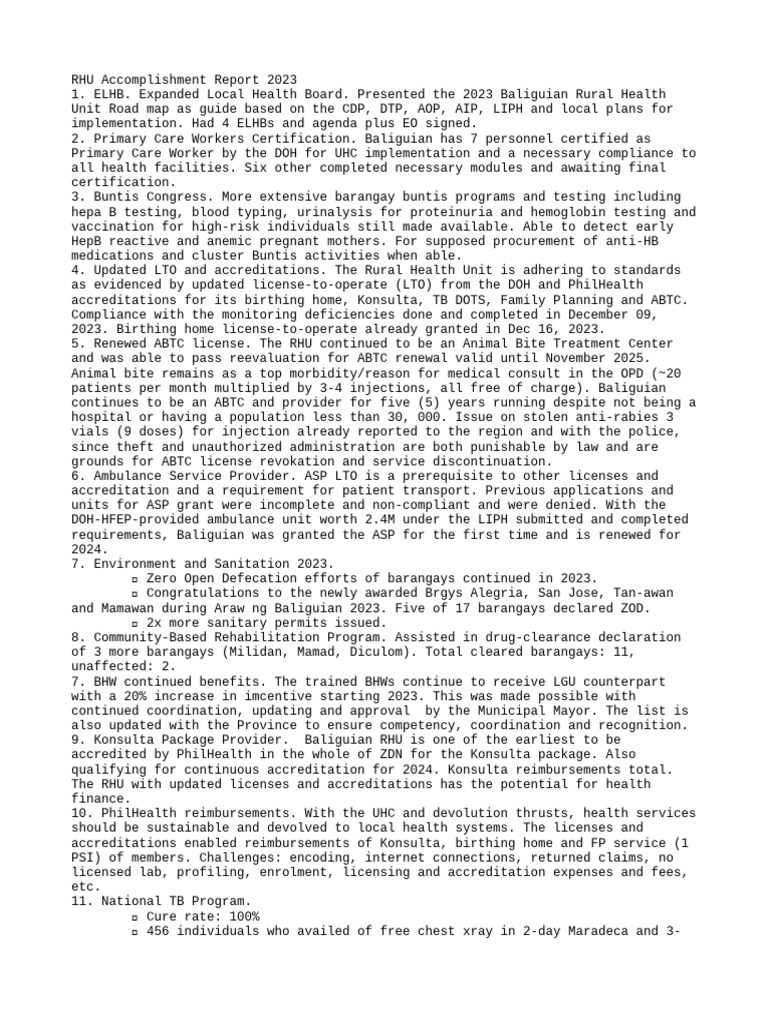 RHU Accomplishment Report 2023 | PDF | Vaccination | Measles