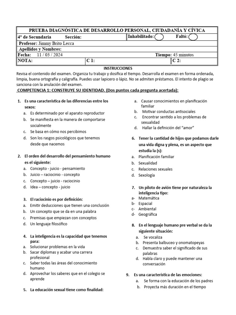 Prueba Diagnostica DPCC - 4 Sec. | PDF | Pensamiento | Inteligencia