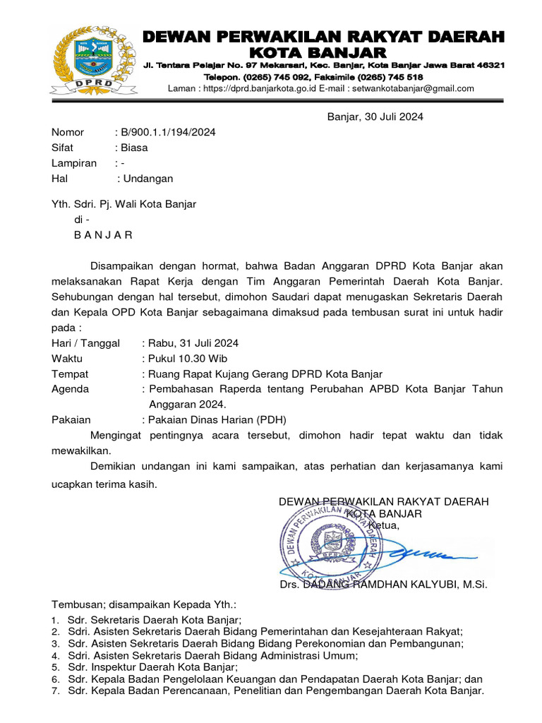Undangan Raker Bagar DG TAPD Pembahasan APBD P 2024 (Walikota) | PDF | Ilmu Sosial