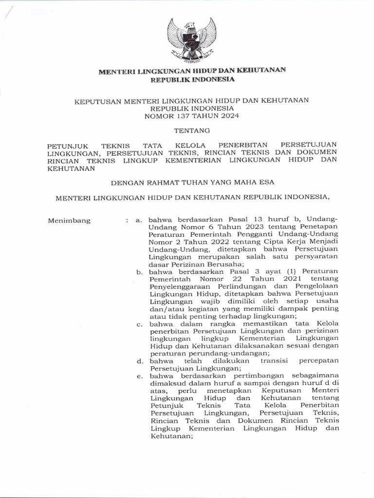 Keputusan Menteri LHK Nomor 137 Tahun 2024 | PDF