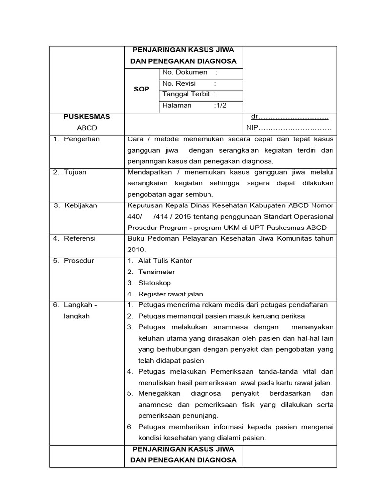 SOP Penjaringan Kasus Jiwa | PDF