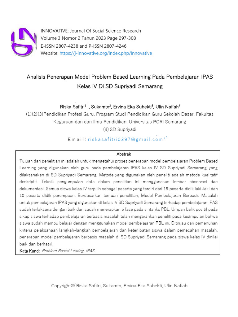 Analisis Penerapan Model Problem Based Learning Pada Pembelajaran IPAS Kelas IV Di SD Supriyadi ...