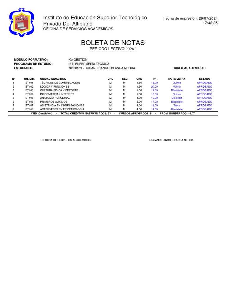 Boleta de Notas | PDF