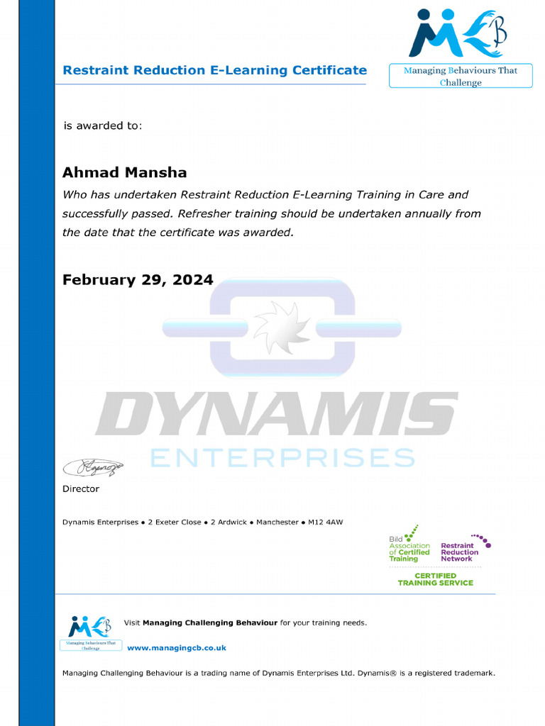 RRN - Restraint Reduction Network E-Learning Certificate | PDF