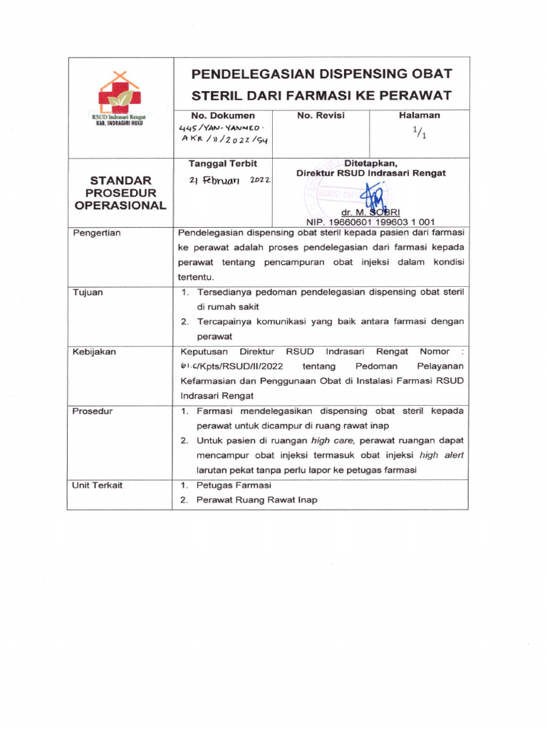 SPO Pendelegasian Dispensing Obat Steril Dari Farmasi Ke Perawat | PDF