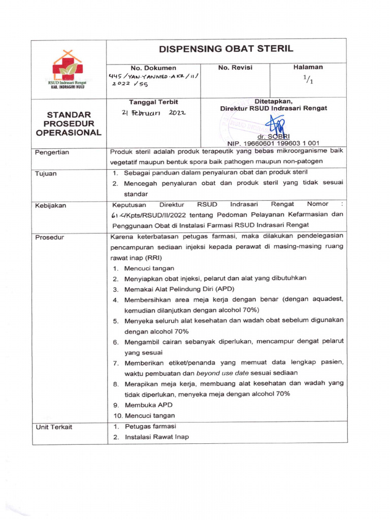 SPO Dispensing Obat Steril | PDF