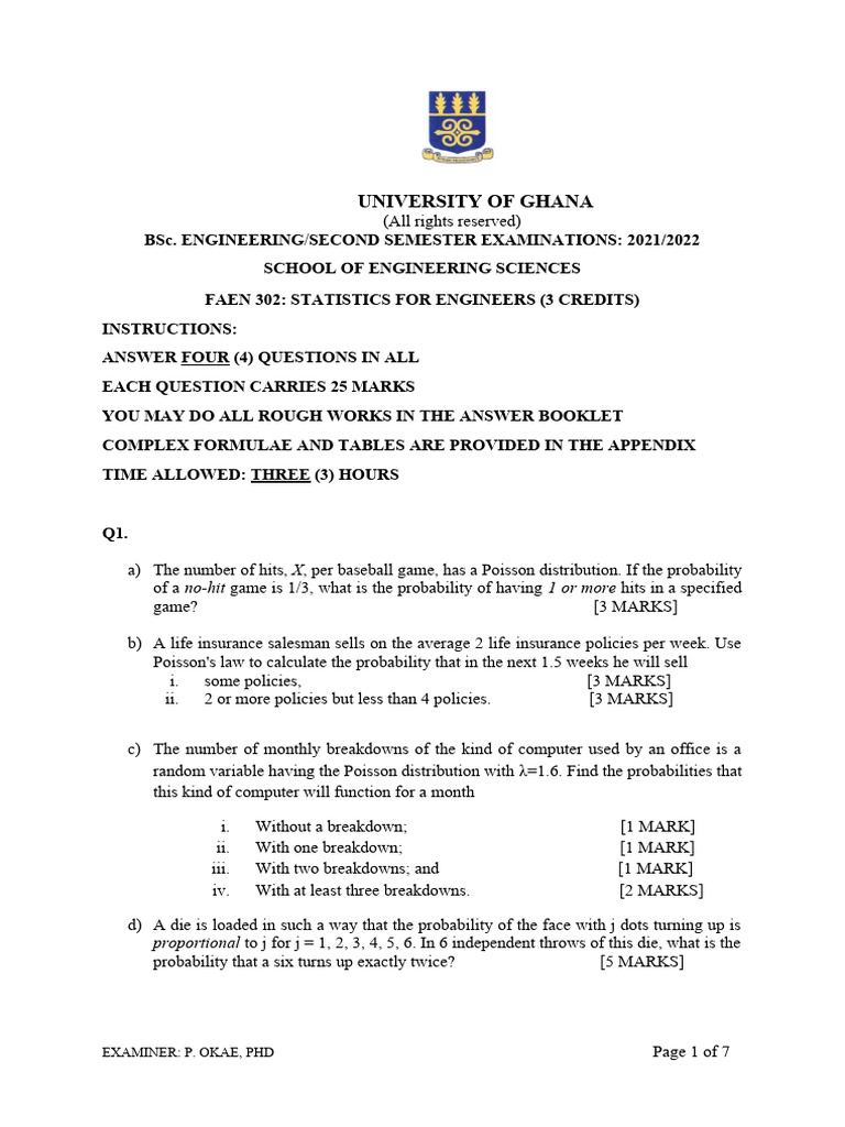 Faen 302 Exams Questions 2021 2022 | PDF | Variance | Probability Density Function