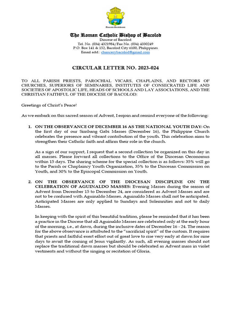 The Roman Catholic Bishop of Bacolod: Circular Letter No. 2023-024 | PDF | Advent | Christmas Eve