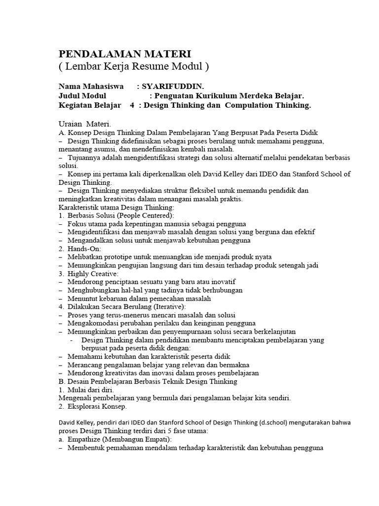 Resume Modul 12 Penguatan Kurikulum Merdeka Belajar KB 4 DESIGN THINKING DAN COMPUTATIONAL ...
