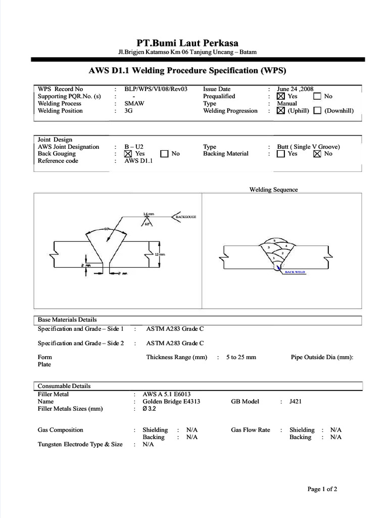 PDF PT Bumi Laut Perkasa Aws d11 Welding Procedure Specification Wps | PDF | Welding | Construction