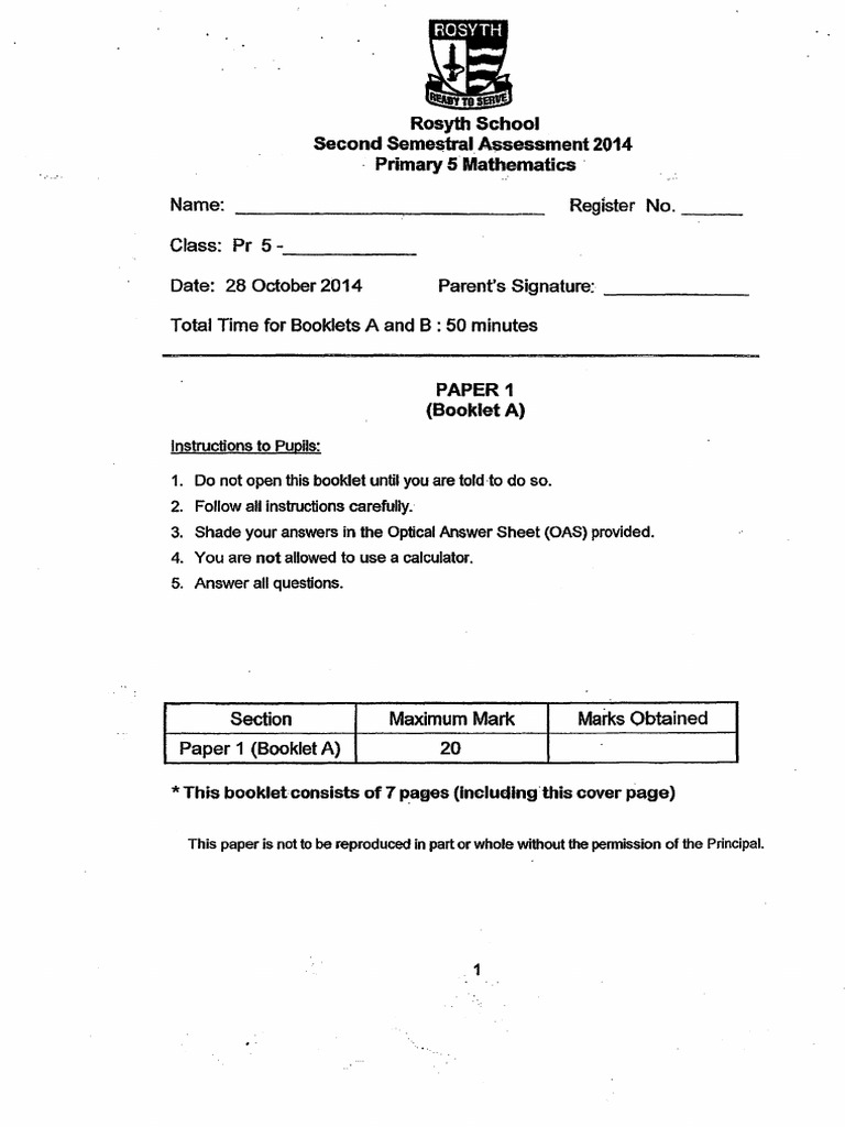 P5 Math SA2 2014 Rosyth Exam Papers | PDF