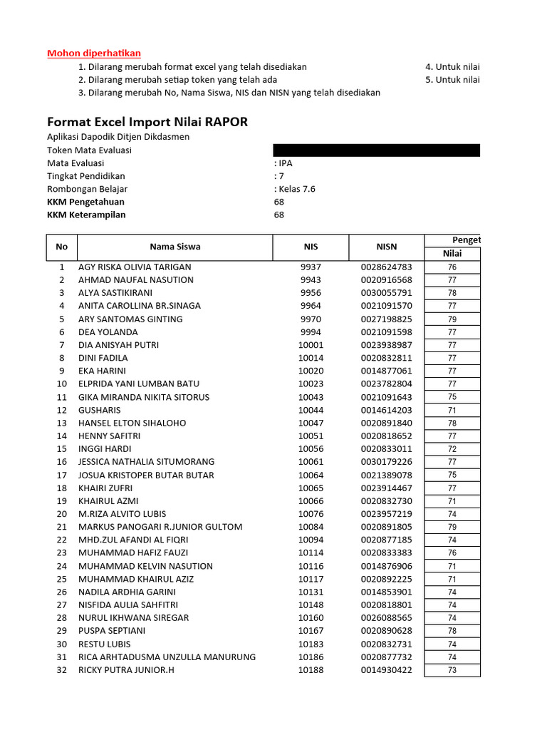 Format Excel Nilai Rapor Kelas 7 | PDF