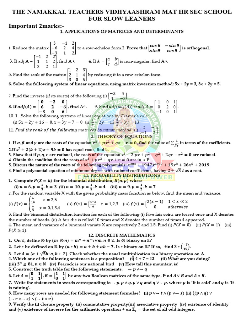 2 Maths em Lesson Wise Importatnt Questions2m 3m 5m For Slow Learners | PDF | Matrix ...
