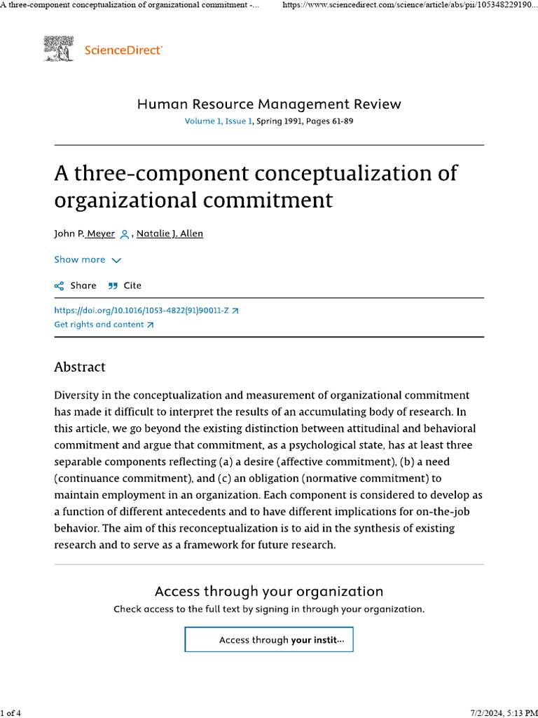 A Three-Component Conceptualization of Organizational Commitment | PDF | Finance & Money ...