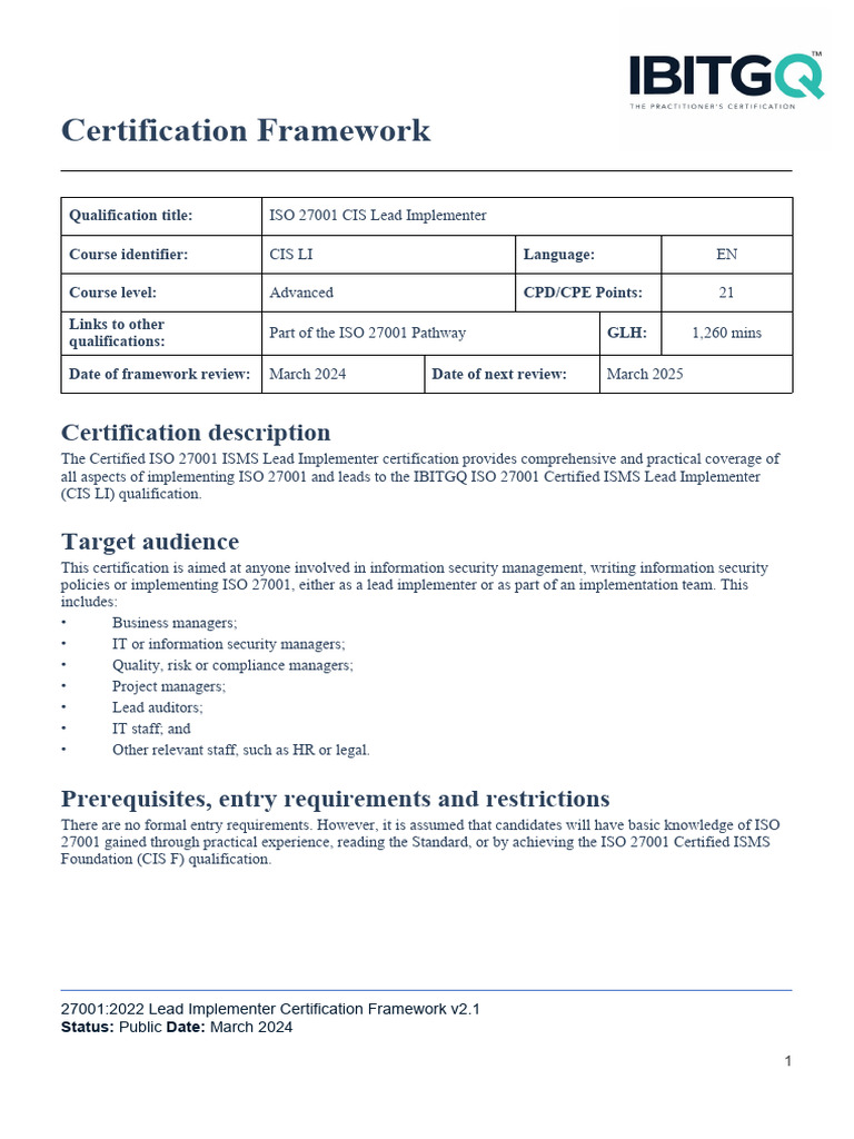 CIS LI IBITGQ Certification Framework v2 1 | PDF | Risk | Information Security
