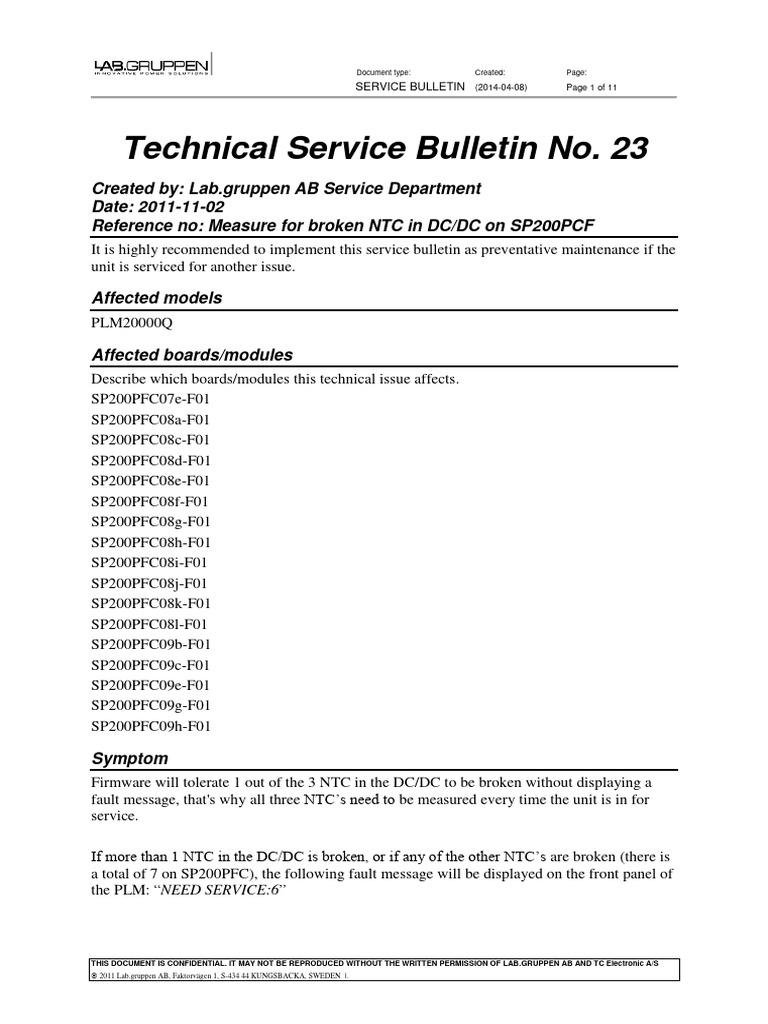 Service Bulletin 2011 No 23 NTC Measurement On PLM20000Q | PDF ...