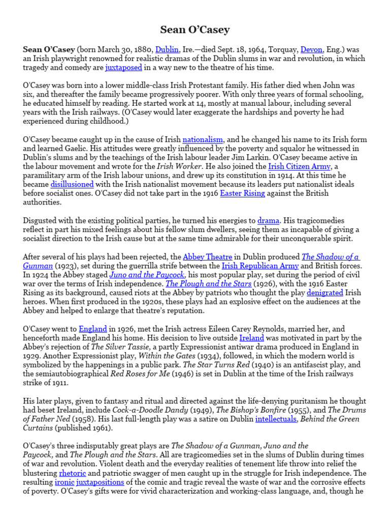 Juno and The Paycock Summary and Analysis | PDF | History | Classics