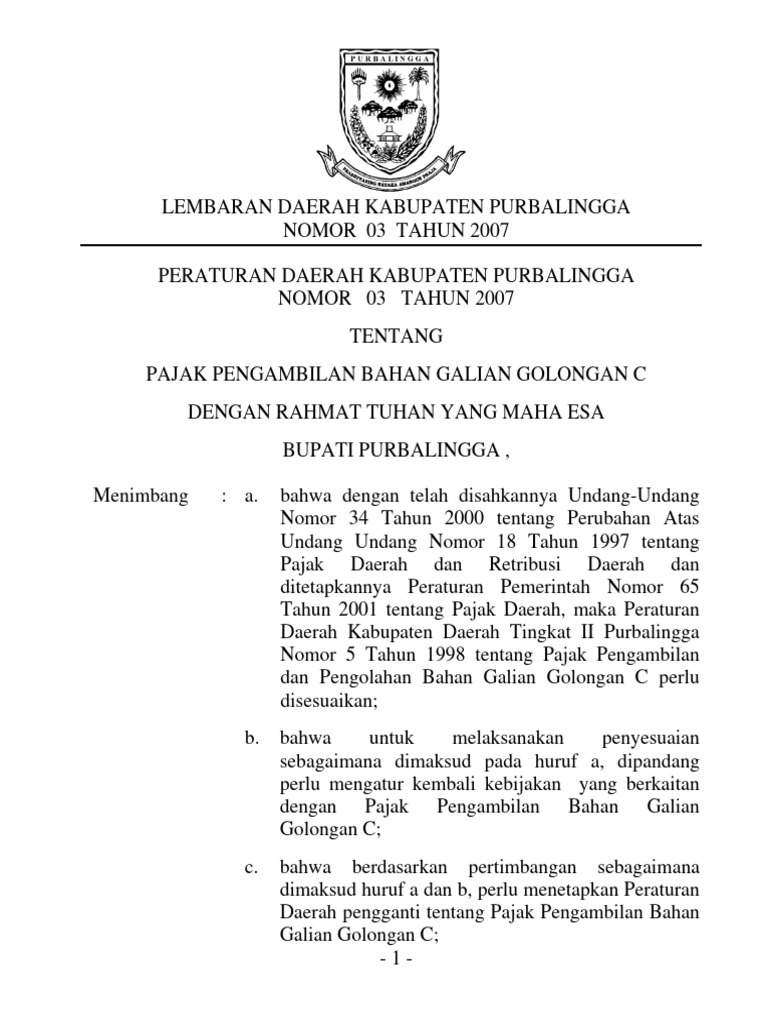 Perda-Nomor-3-Tahun-2007 Tentang Pajak Pengambilan Bahan Galian Golongan C | PDF