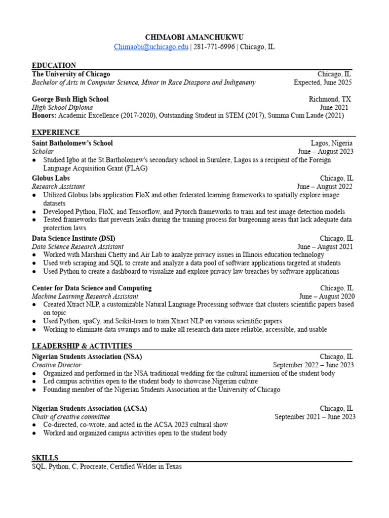 Chimaobi Resume 2024 | PDF | Data Science | Computer Science