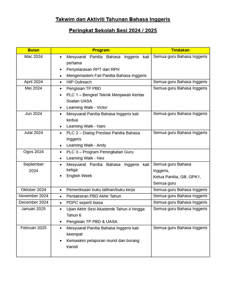 Takwim Aktiviti Bahasa Inggeris 2024/25 | PDF