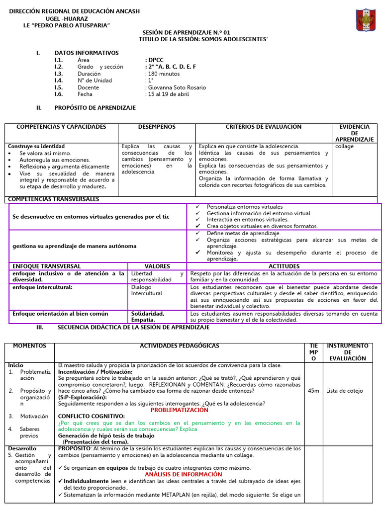 Sesion N 1 Unidad 1 Dpcc2 | PDF | Pensamiento | Las emociones