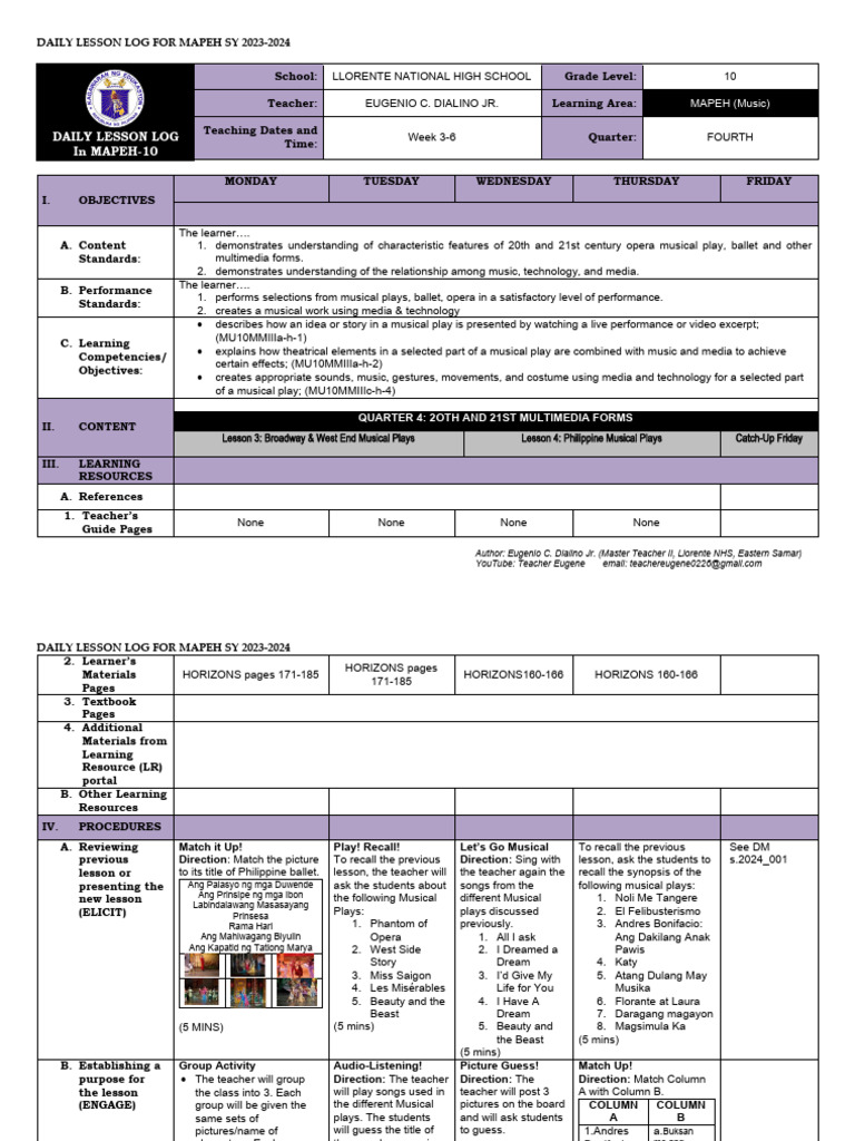Q4 DLL-MAPEH 10 - Music-Wk4-8 | PDF | Learning