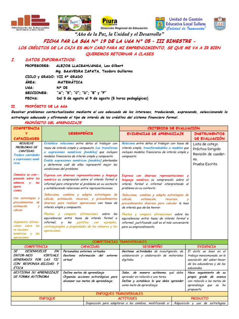 FICHA DE APRENDIZAJE PARA LA SdA #19 - INTERÉS SIMPLE - 4° AÑO 2 024 | PDF | Interés | Capital ...