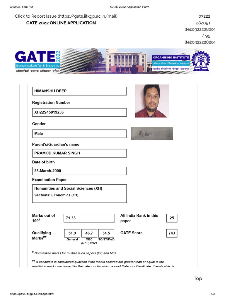 GATE 2022 Scorecard | PDF | Government Of India