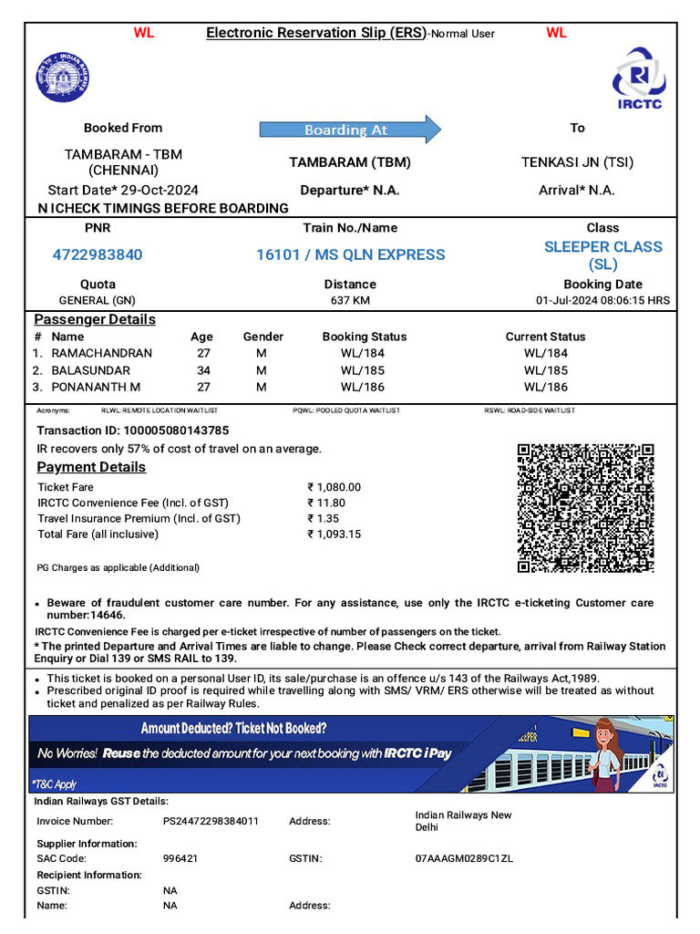 Ms QLN Express Sleeper Class (SL) : WL WL | PDF | Identity Document