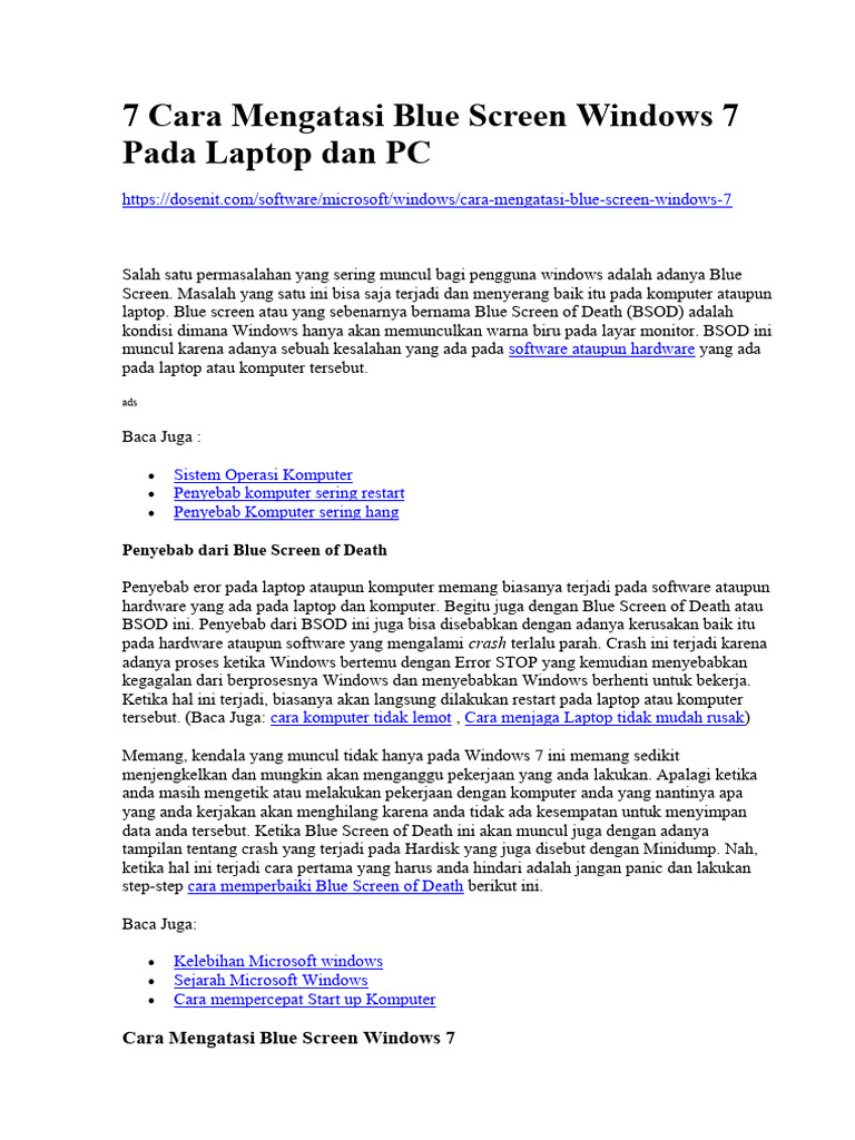 7 Cara Mengatasi Blue Screen Windows 7 Pada Laptop Dan PC | PDF | Komputer