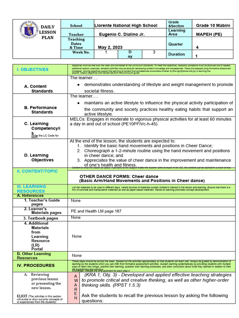 Q4 COT MAPEH 10 - PE (Hand Movement & Position in Cheer Dance) | PDF ...
