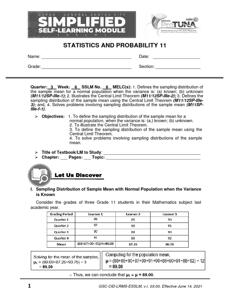 Statistics and Probability Q3 SSLM 6 Artajo 1 | PDF | Variance | Standard Deviation