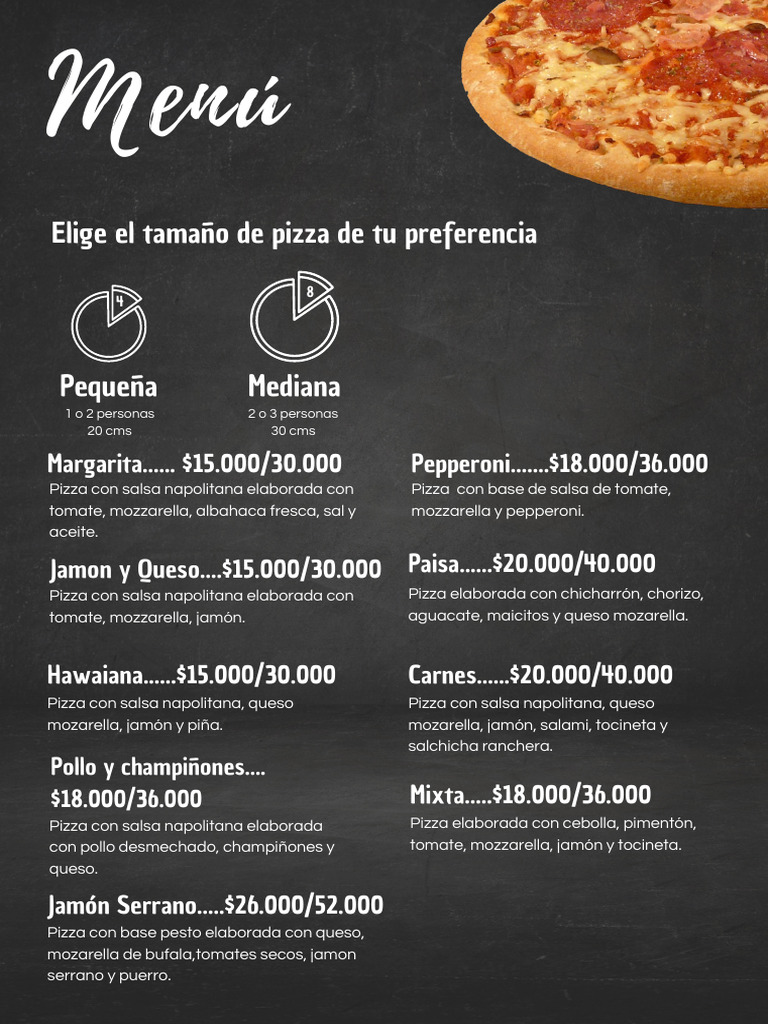 Menú de Pizzas y Bebidas | PDF | Pizza | Alimentos