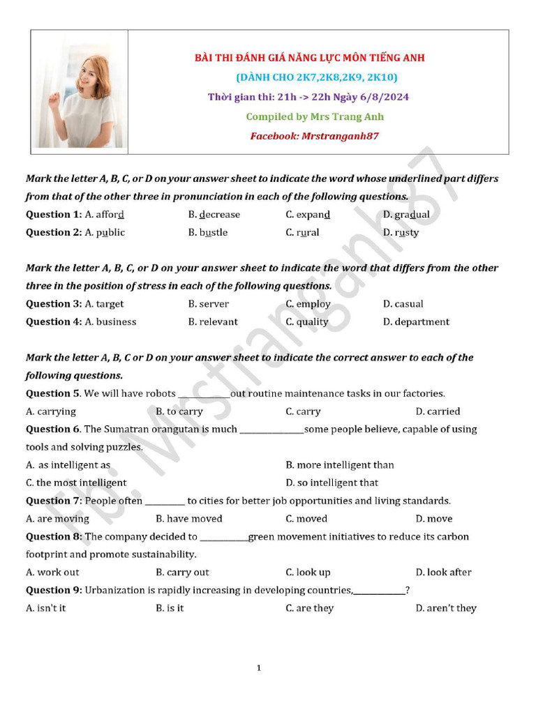 ĐỀ THI THỬ THÁNG 8-2024 (MS TRANG ANH) | PDF