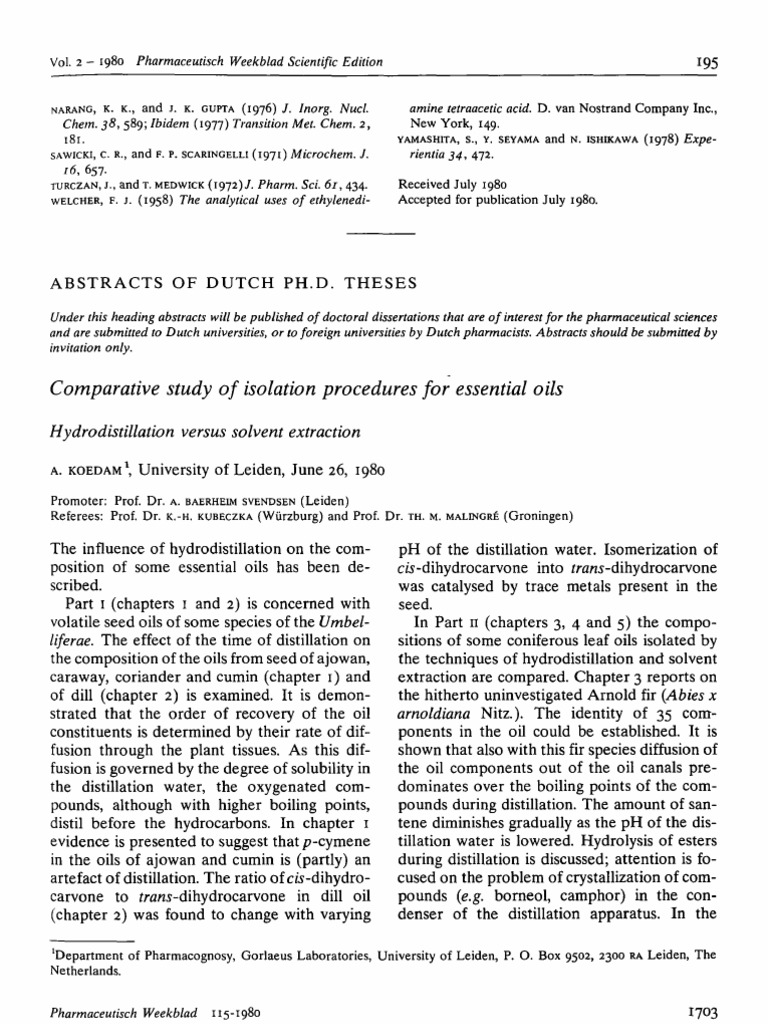 Comparative Study of Isolation Procedures For Essential Oils Hydro Distillation Versus Solvent ...