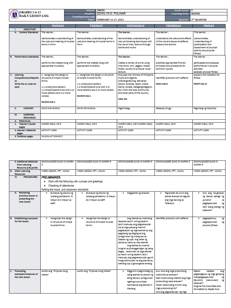 DLL - Mapeh 5 - Q3 - W2 | PDF