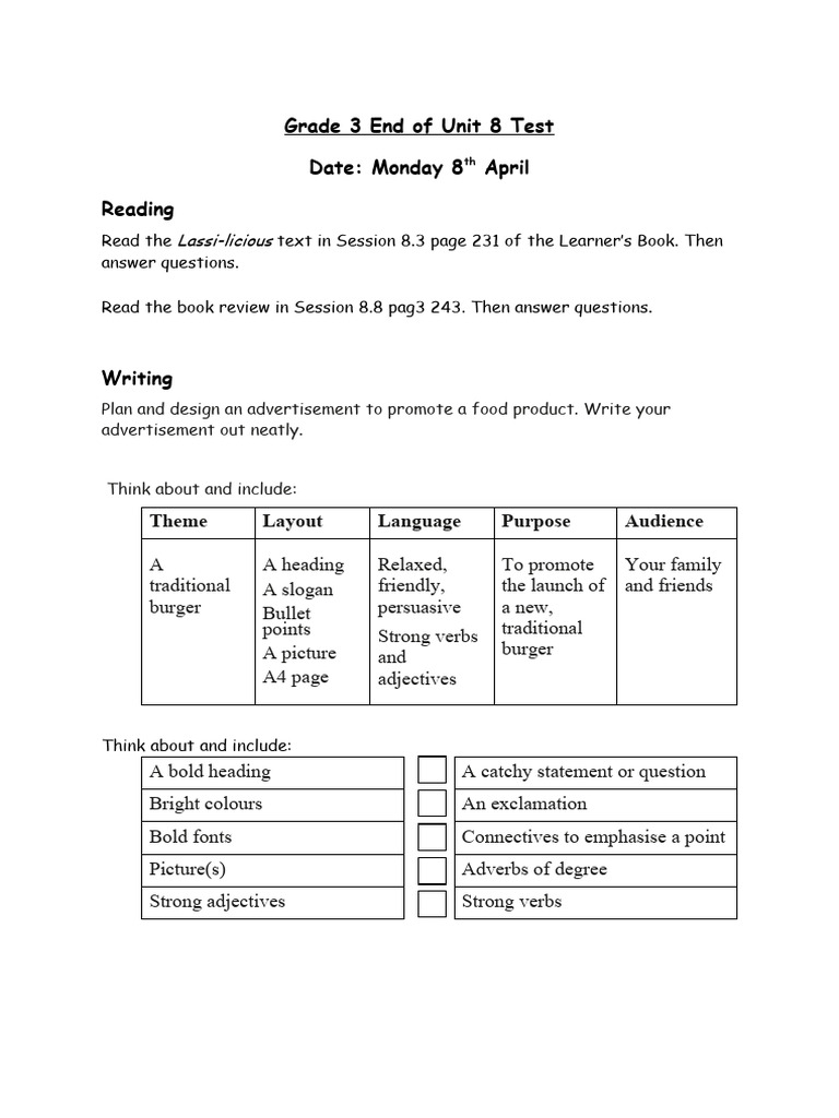 Grade 3 End of Unit 8 Test | PDF