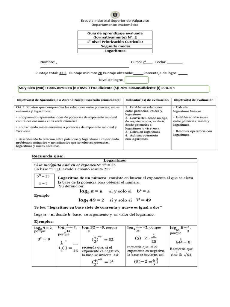 Guia N 2 Logaritmo Segundo Medio Pdf