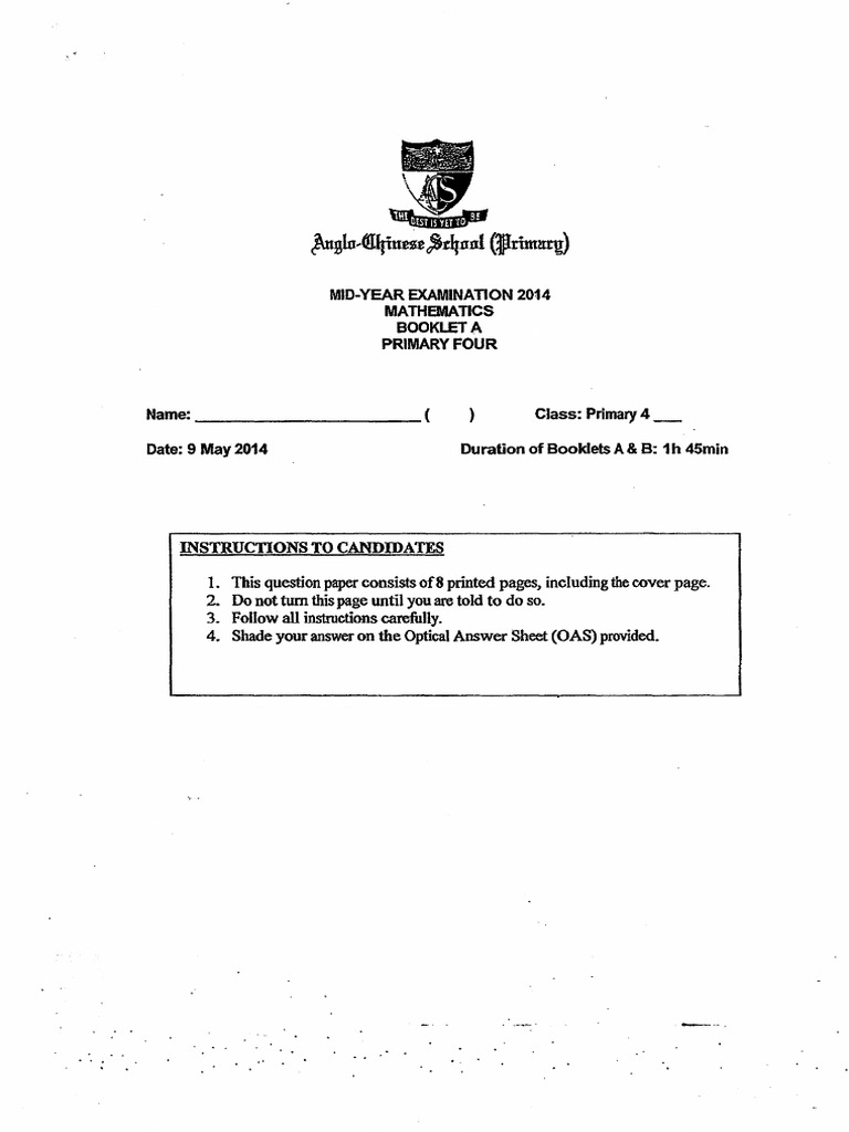 P4 Math SA1 2014 ACS Exam Papers | PDF