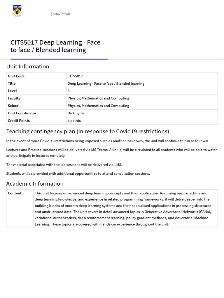 2023 Unit Outline - CITS5017 Deep Learning | PDF | Deep Learning | Learning