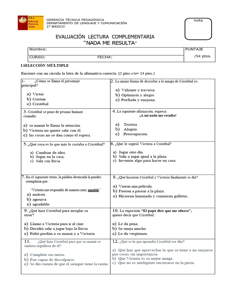 Prueba Lectura Nada Me Resulta | PDF