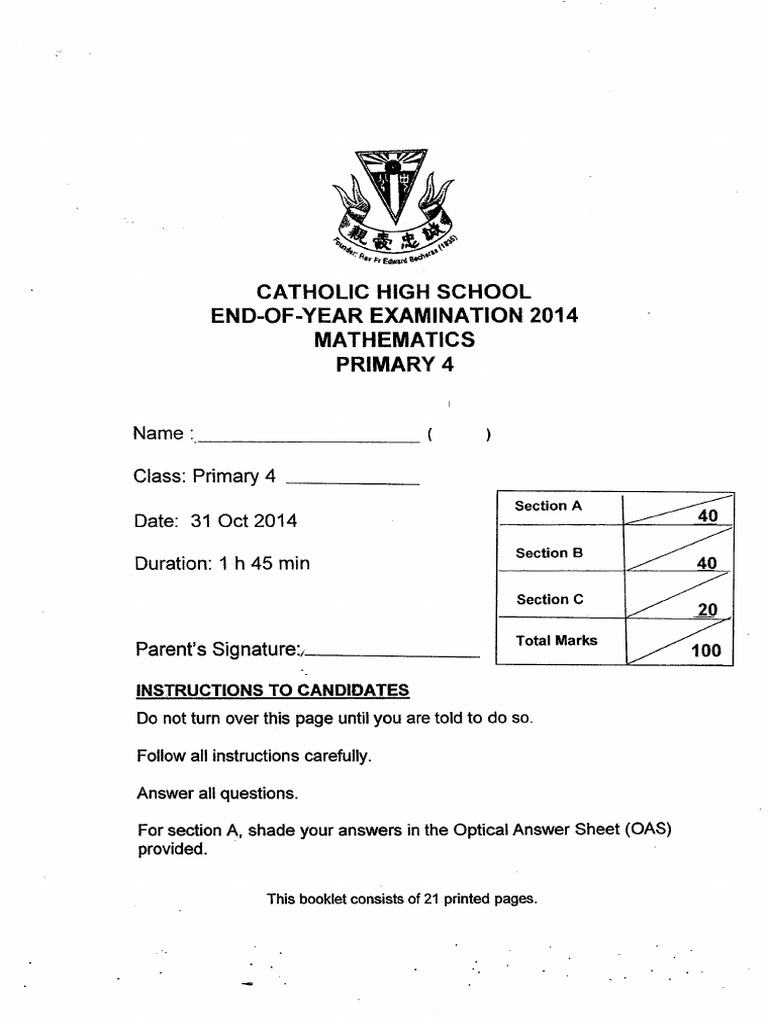 P4 Math SA2 2014 Catholic High Exam Papers | PDF