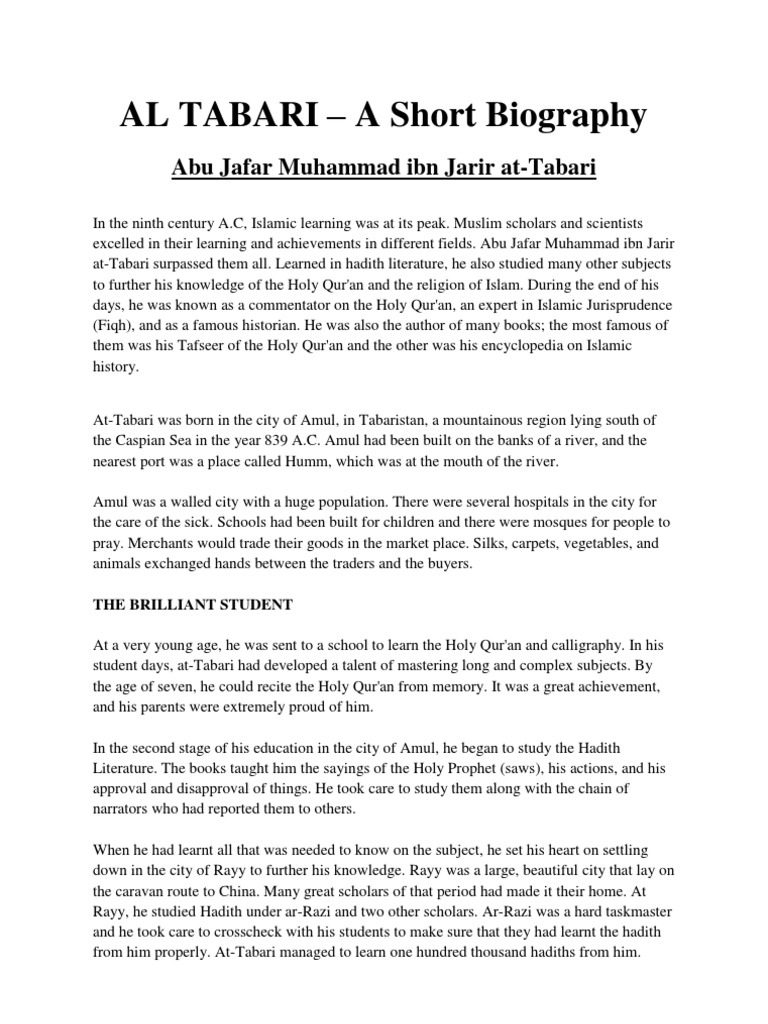 Al Tabari A Short Biography | PDF | Hadith | Quran