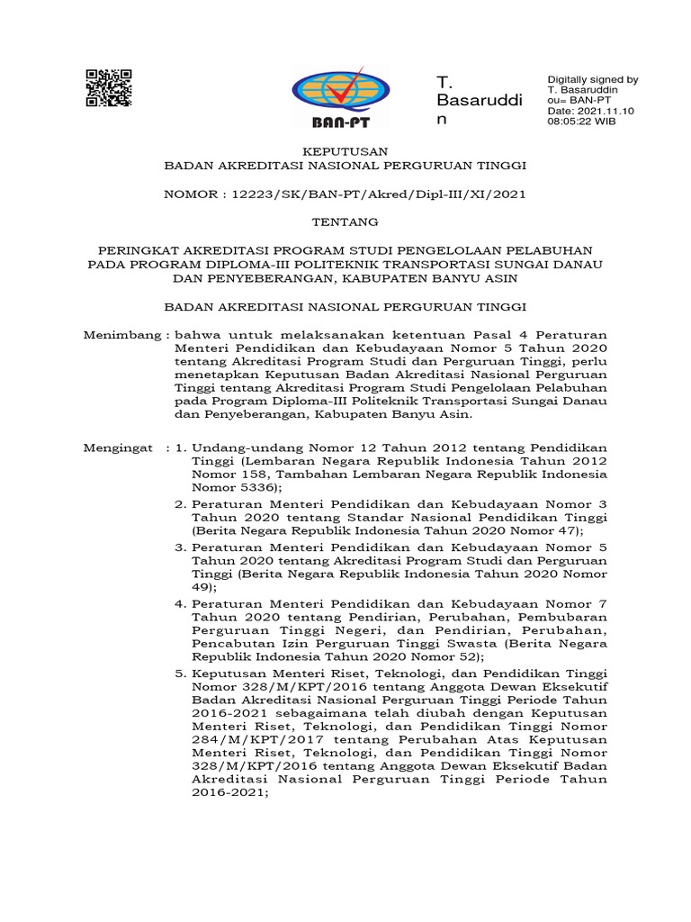 SK Akreditasi Prodi Pengelolaan Pelabuhan - MTPD 2021 | PDF | Bisnis | Pengelolaan Keuangan & Uang