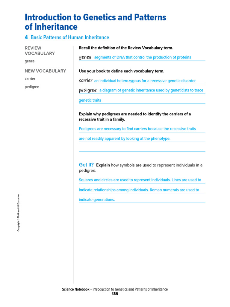 Science Notebook Answer Key - Basic Patterns of Human Inheritance | PDF ...